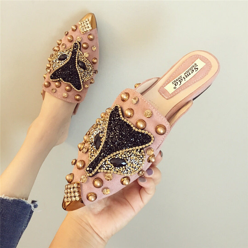 Cilool Joker Rhinestone Pointed Flat-bottomed Slippers